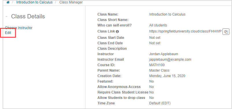 Work with the Class Schedule default view
