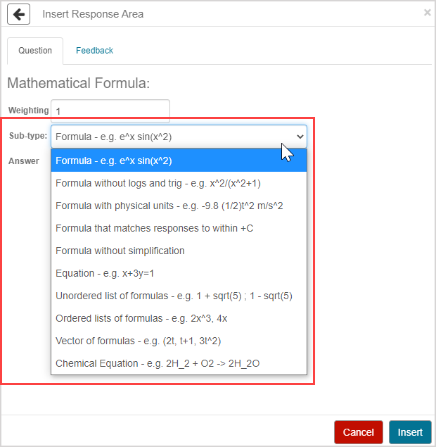 Choose a mathematical formula question sub-type